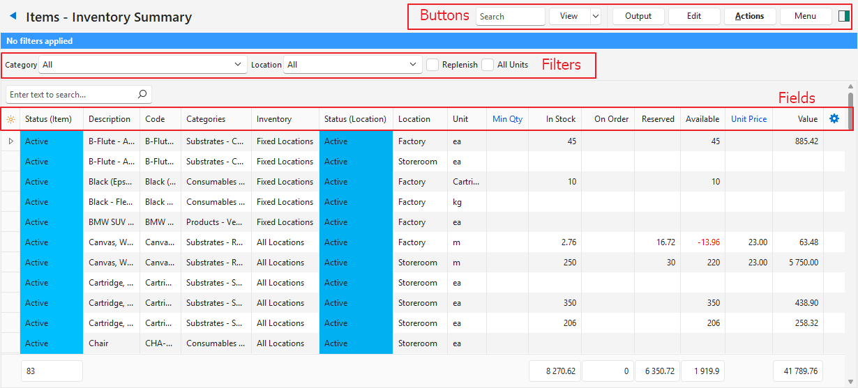 Item List Views Interface - Business Operating Software