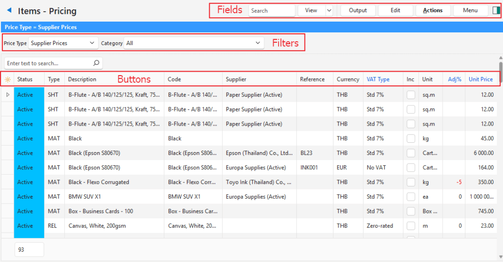 Item List Views Interface - Business Operating Software