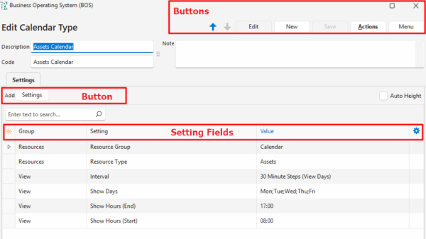 Calendar Types Edit View - Business Operating Software