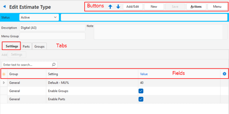 Estimate Types Edit View - Business Operating Software