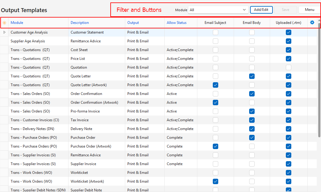 Output Templates Module - Business Operating Software