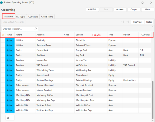 Chart of Accounts Interface - Business Operating Software