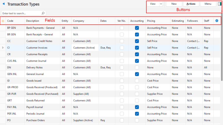 Transaction Types List View - Business Operating Software