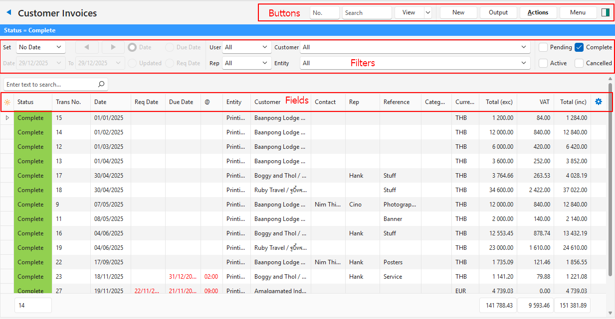 Transactions List View Interface - Business Operating Software