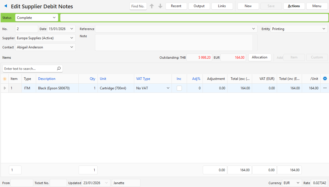 Transaction Examples - Suppliers - Business Operating Software